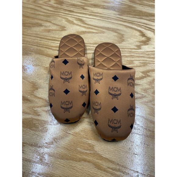 MCM | Shoes | Mcm Womens 7 Brown Cognac Logo Print Visetos Silk Blend ...